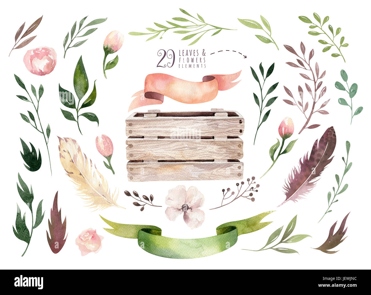 Hand drawing isolated boho watercolor floral illustration with leaves ...