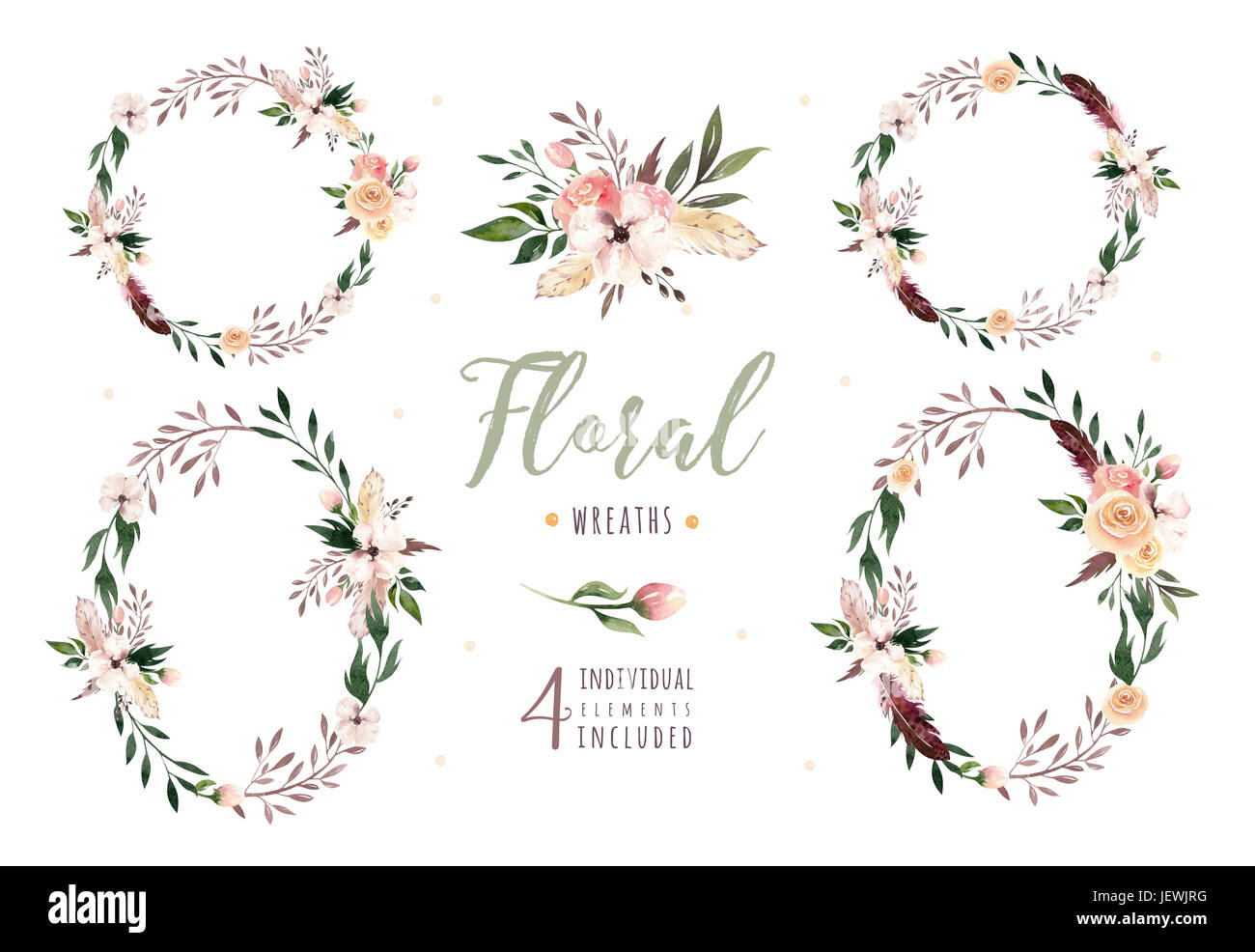 Hand drawing isolated boho watercolor floral illustration with leaves ...