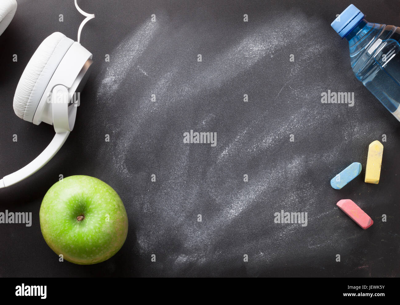 Blackboard or chalkboard background. Back to school concept. Top view ...