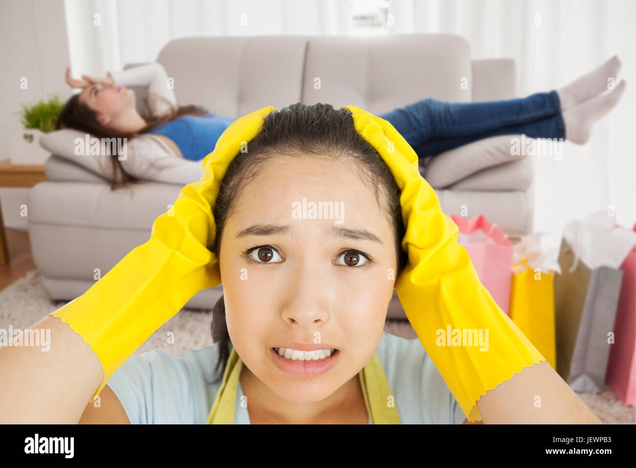 Composite image of stressed out woman Stock Photo - Alamy