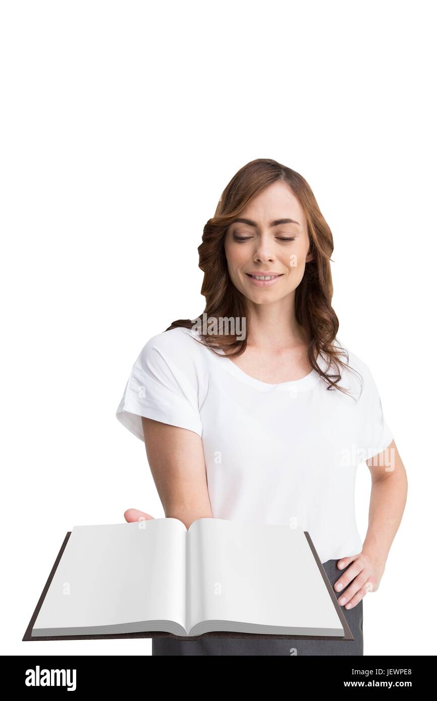 Cheerful woman showing book hi-res stock photography and images - Alamy