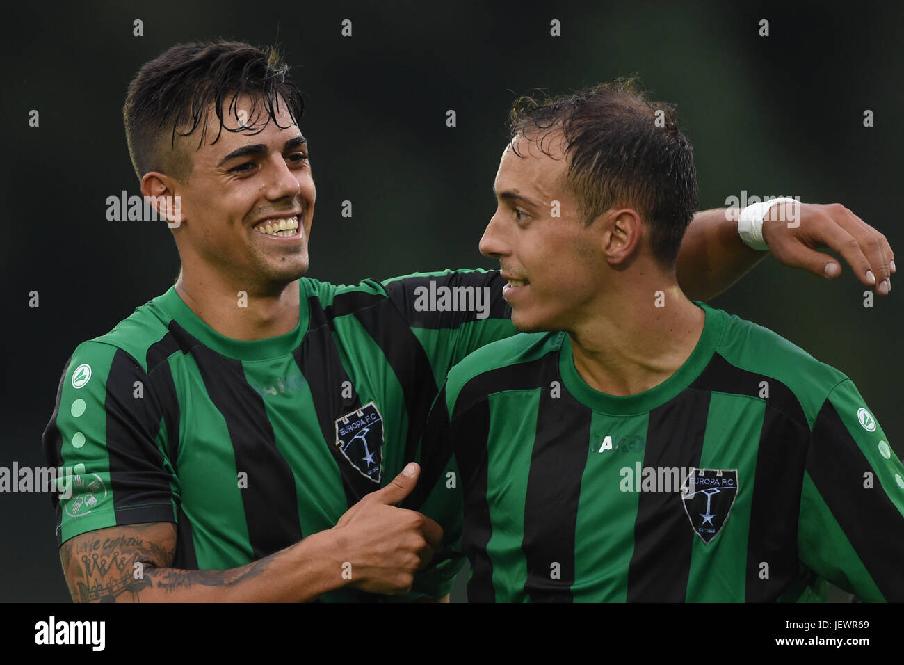 Europa FC's Kike (left) and Toni Garcia celebrate victory after the ...