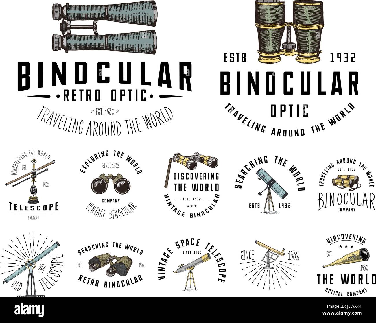 Binocular logo emblem or label astronomical instruments, telescopes ...