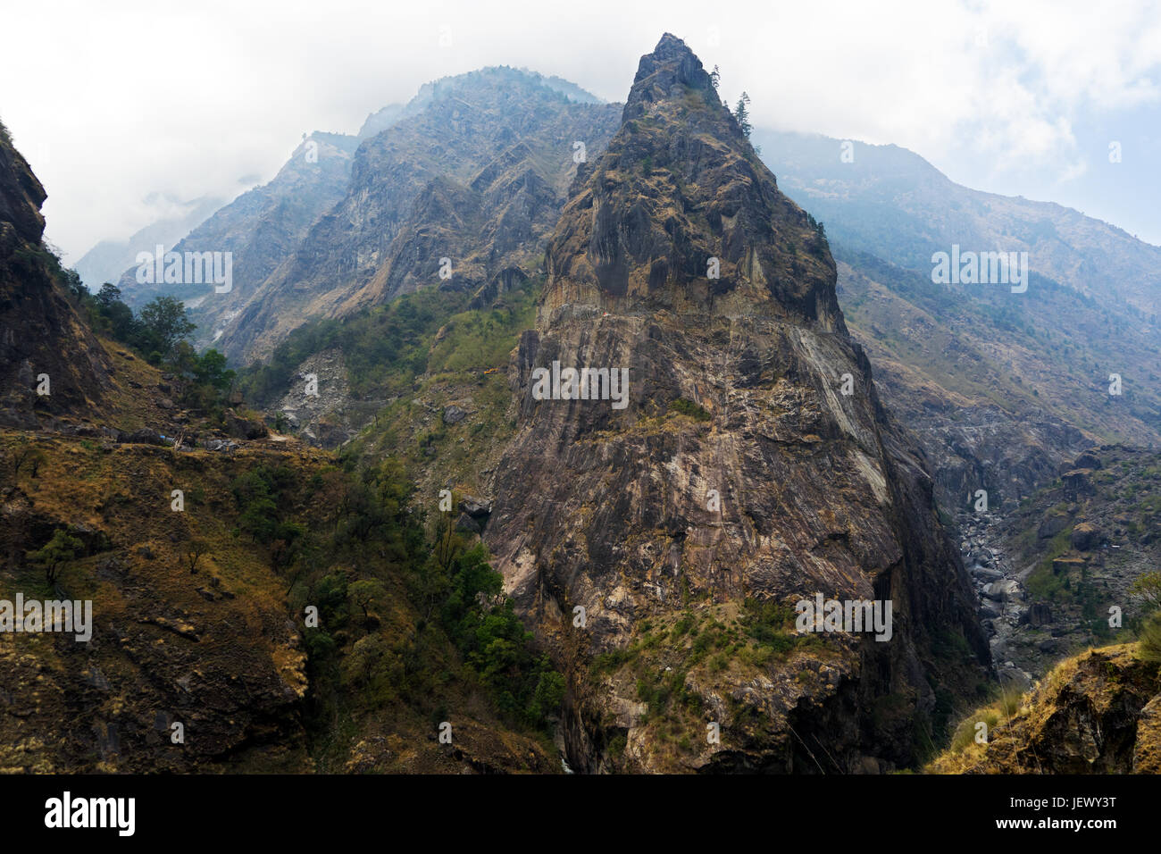 Marsyangdi river valley between Chamje and Tal, Nepal. A Jeep can be ...