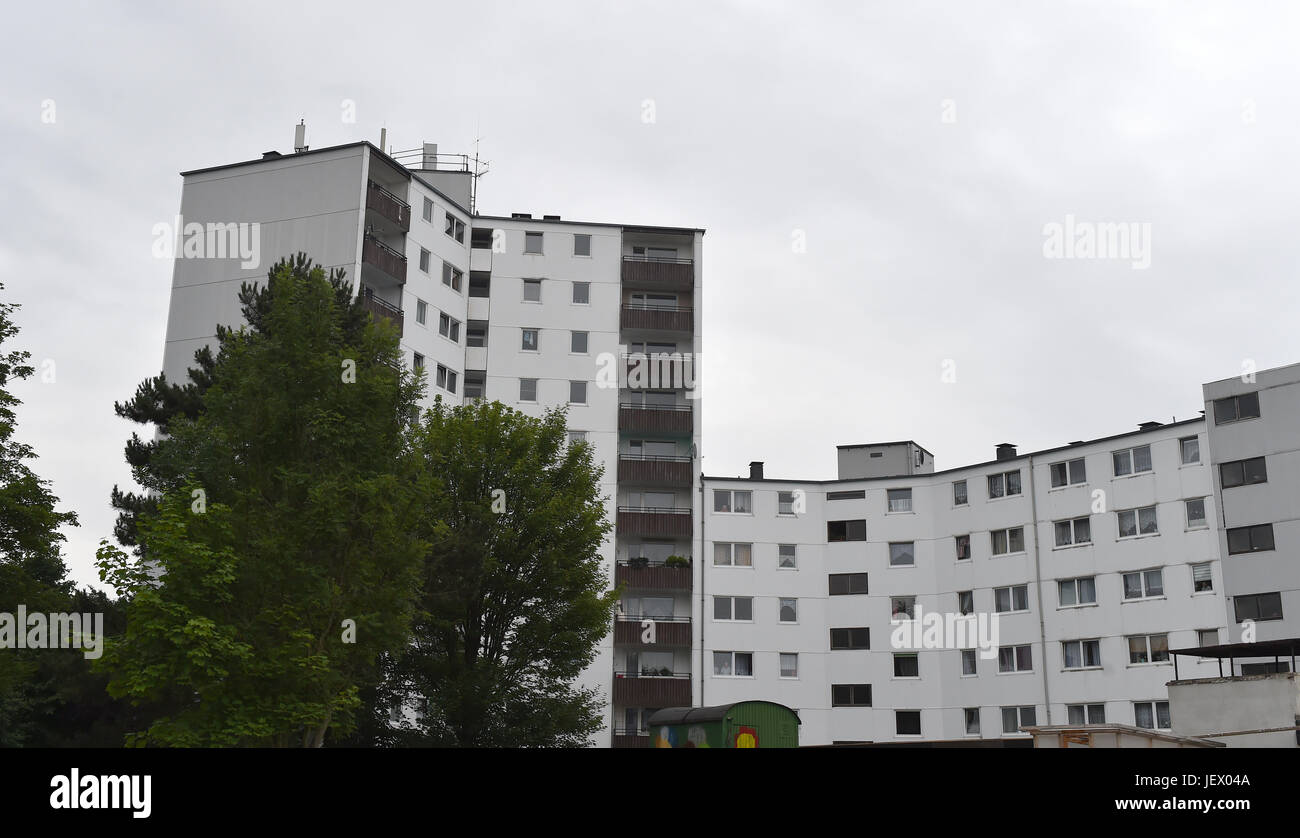 Wuppertal, Germany. 27th June, 2017. The left tower of a high-rise ...