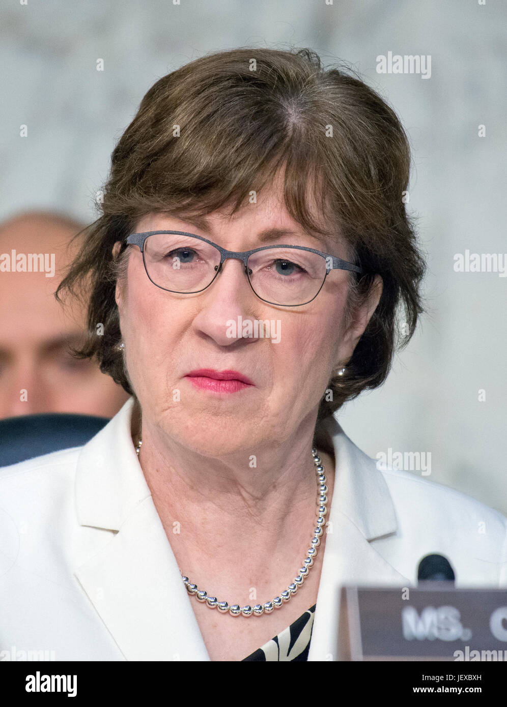 United States Senator Susan Collins (Republican of Maine) listens to ...