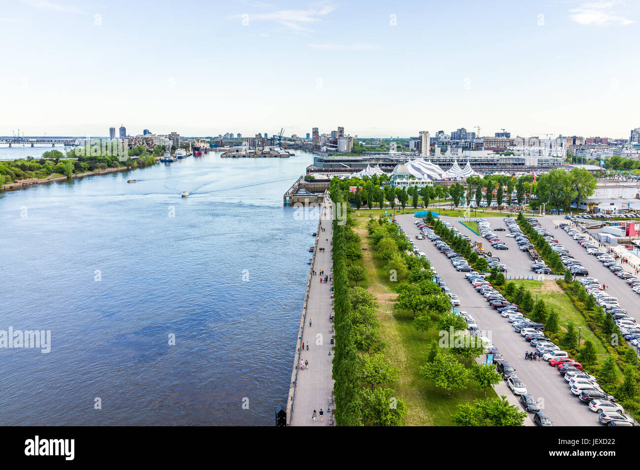 Montreal, Canada - May 27, 2017: Aerial view of old port area with many ...