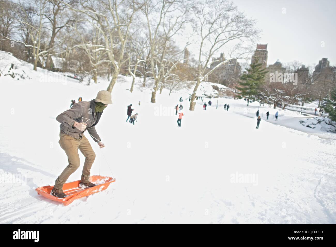 Disney actor, Cole Sprouse, sleds down a slope in Central Park in the ...
