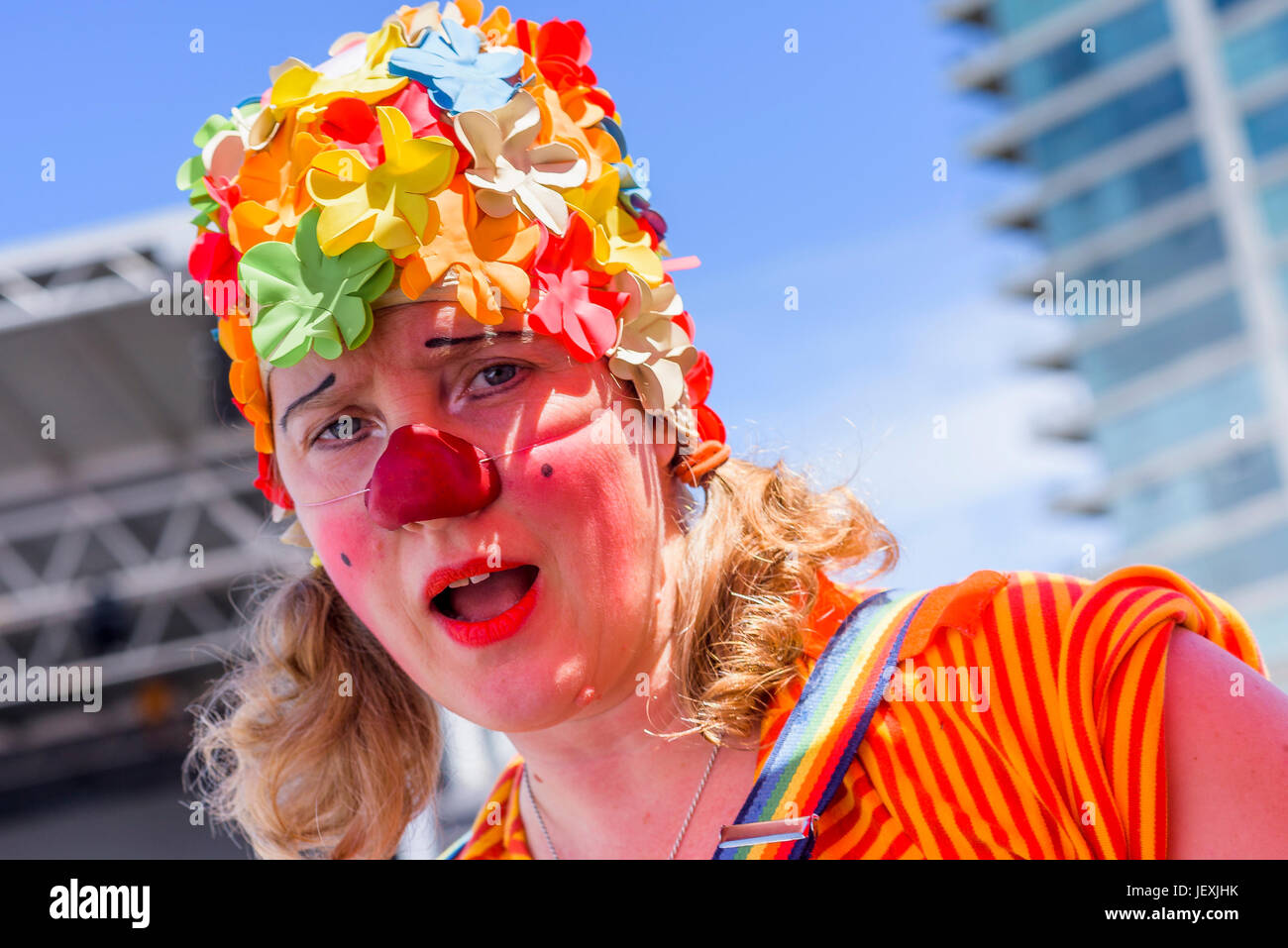Colourful clown entertainer at Dragon Boat Festival, Vancouver, British ...