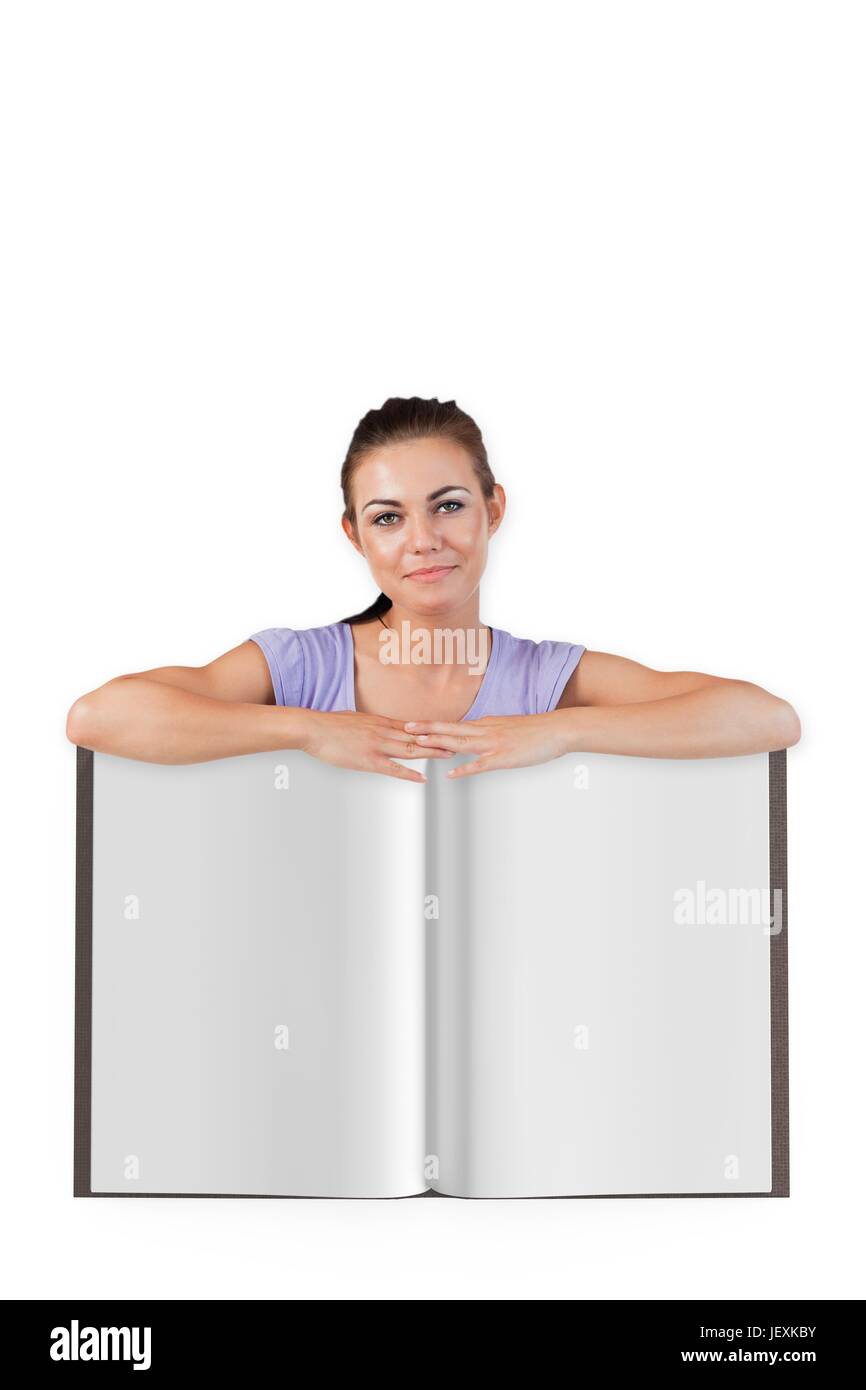 Pretty woman showing a book Stock Photo - Alamy