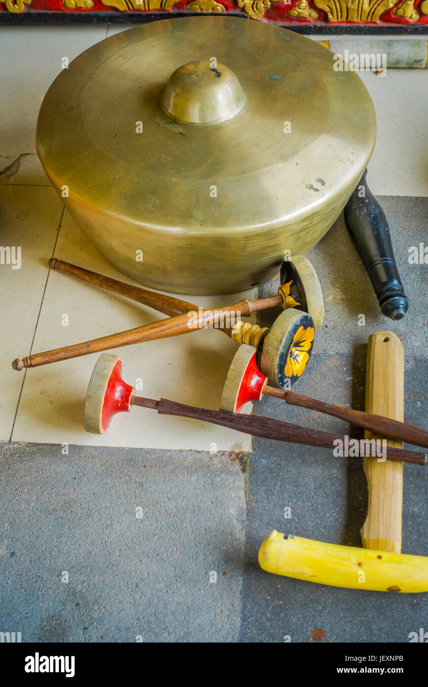 BALI, INDONESIA - MARCH 08, 2017: Hindu musical instruments inside of ...
