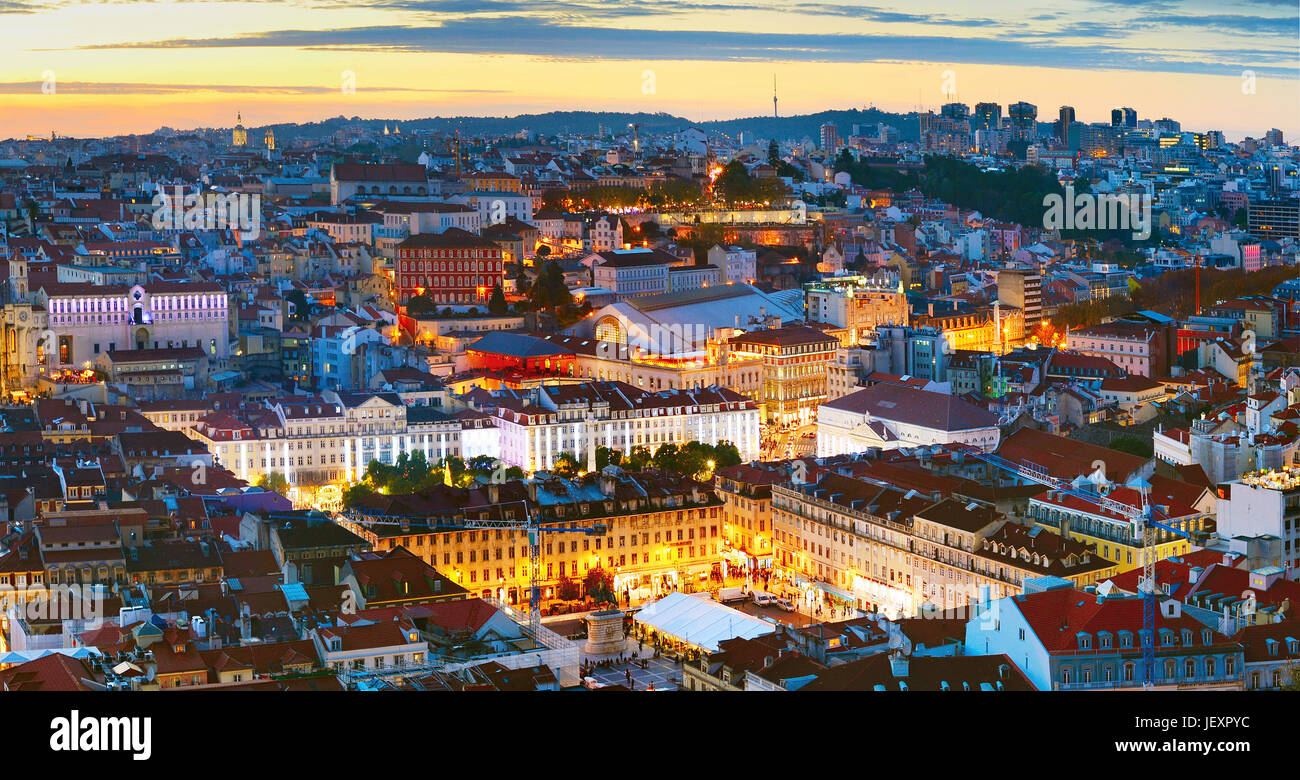 Panoramic view of Lisbon city center at twilight. Portugal Stock Photo ...