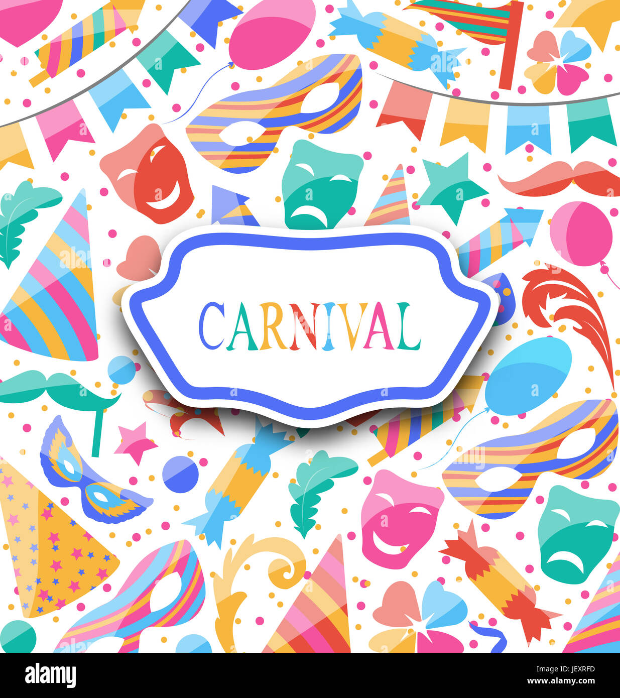 Illustration festive postcard with carnival colorful icons and objects ...