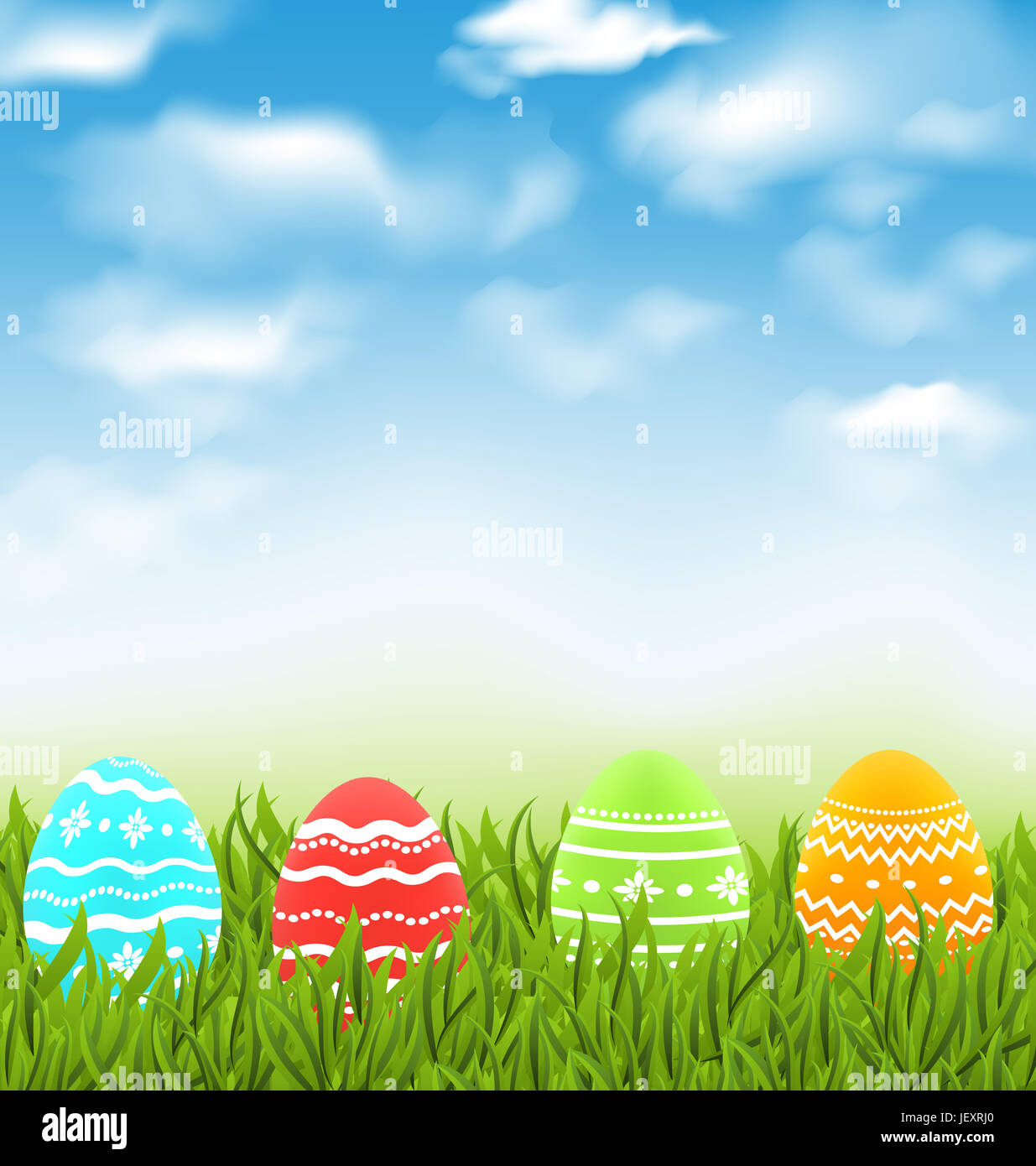 Illustration Easter natural landscape with traditional colorful eggs in ...