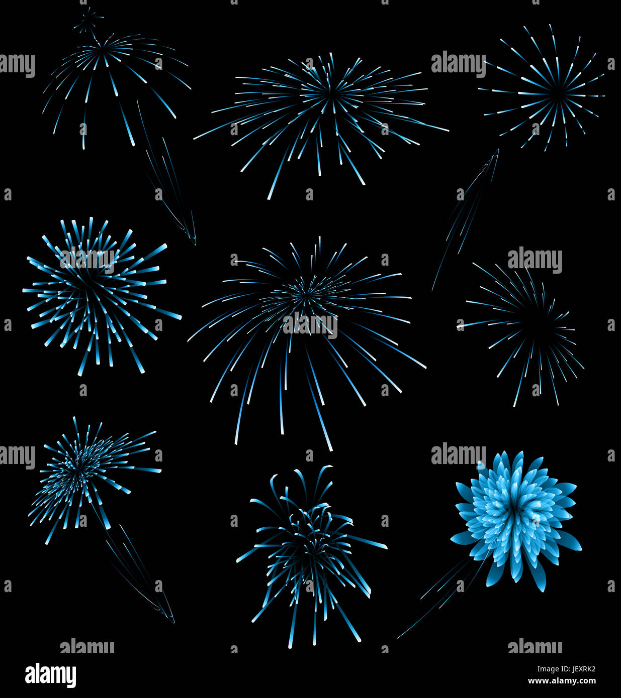 Illustration set different fireworks on dark background Stock Photo - Alamy