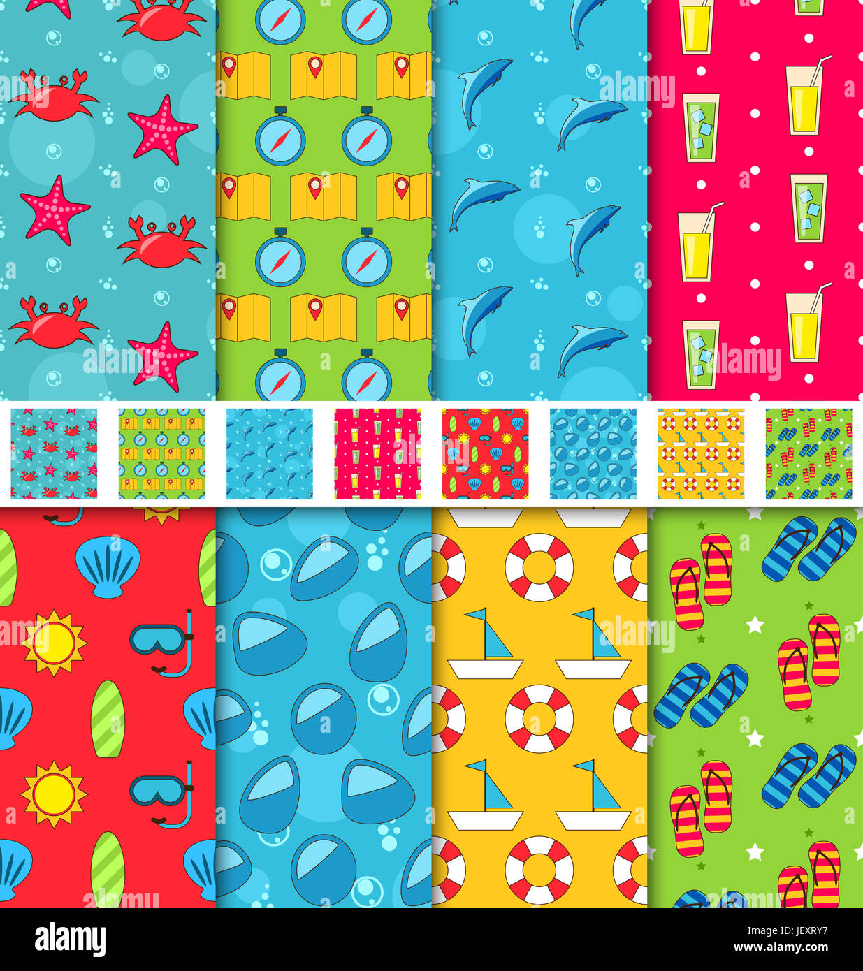 Illustration Set Seamless Patterns with Tourism Objects and Equipments ...