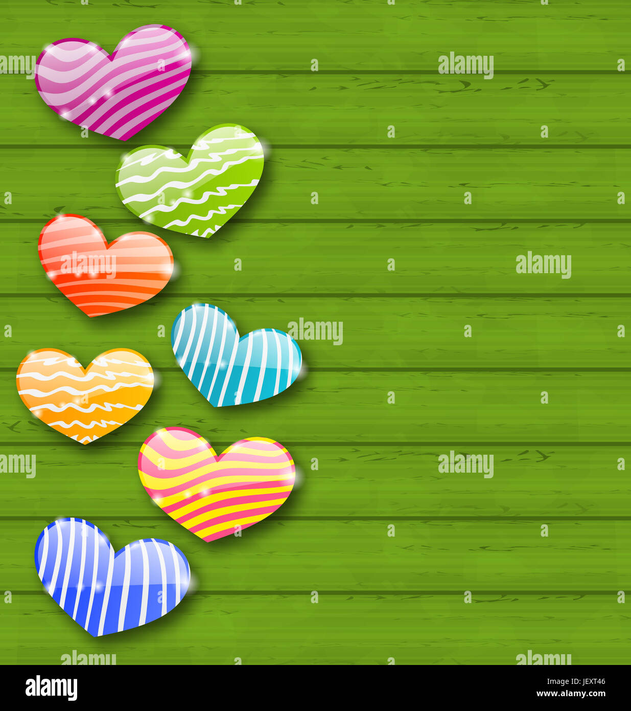 Illustration multicolored striped hearts on green wooden texture for ...