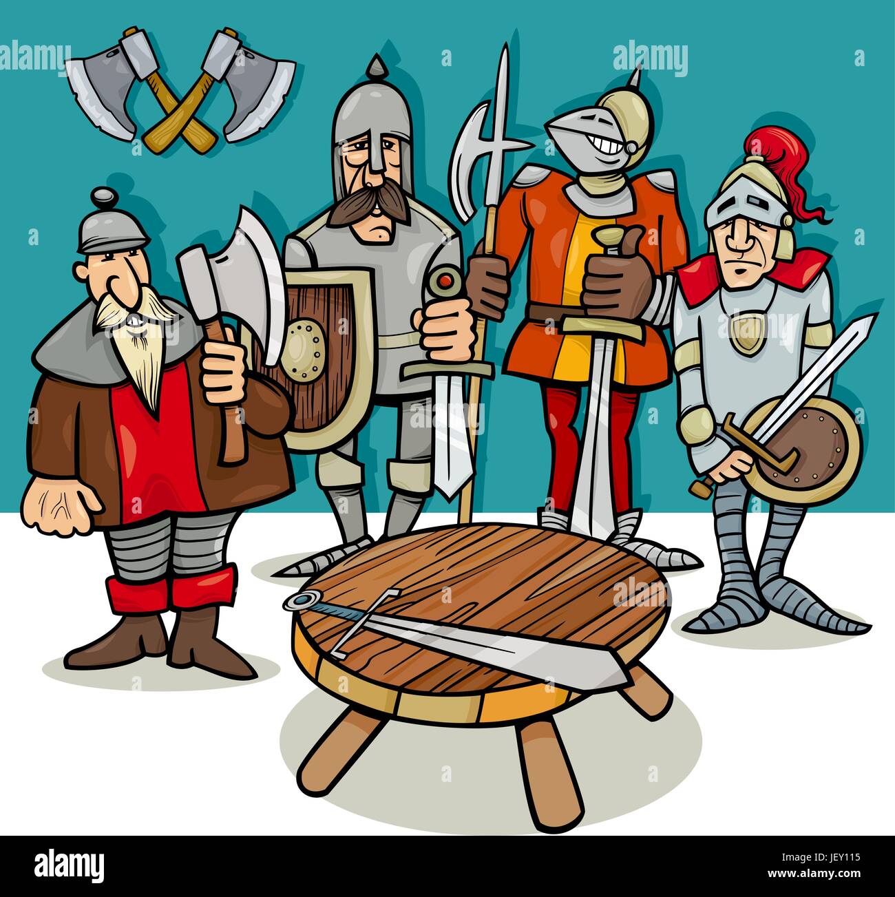 illustration, warrior, round table, cartoon, man, round, table, graphic ...