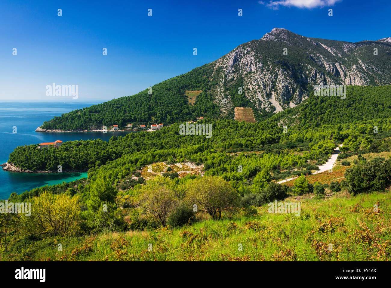 The village of Trstenik on the Peljesac Peninsula above the Adriatic ...
