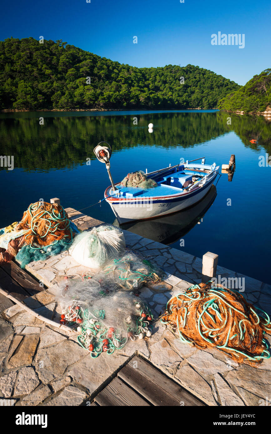Fishing boat and nets, Soline, Mljet Island National Park, Dalmatia ...