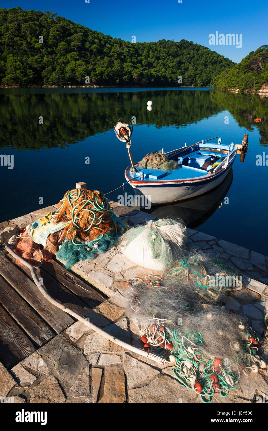 Fishing boat and nets, Soline, Mljet Island National Park, Dalmatia ...