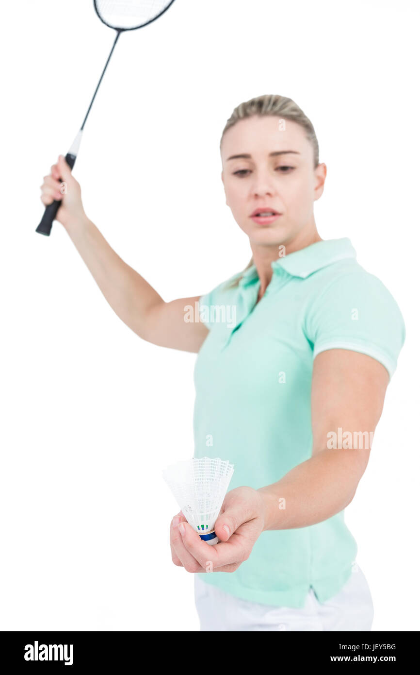 Pretty blonde playing badminton Stock Photo - Alamy
