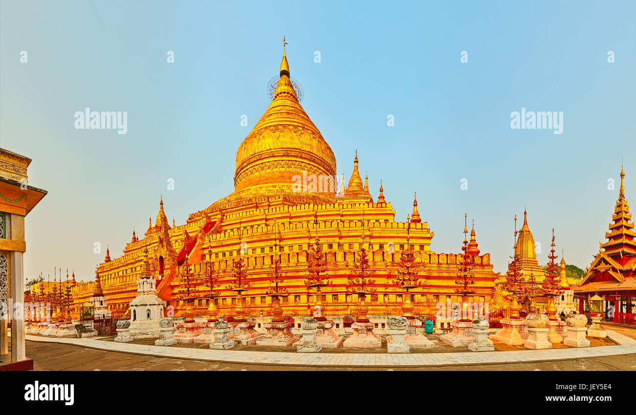 Shwezigon pagoda in Bagan. Myanmar. Panorama Stock Photo - Alamy