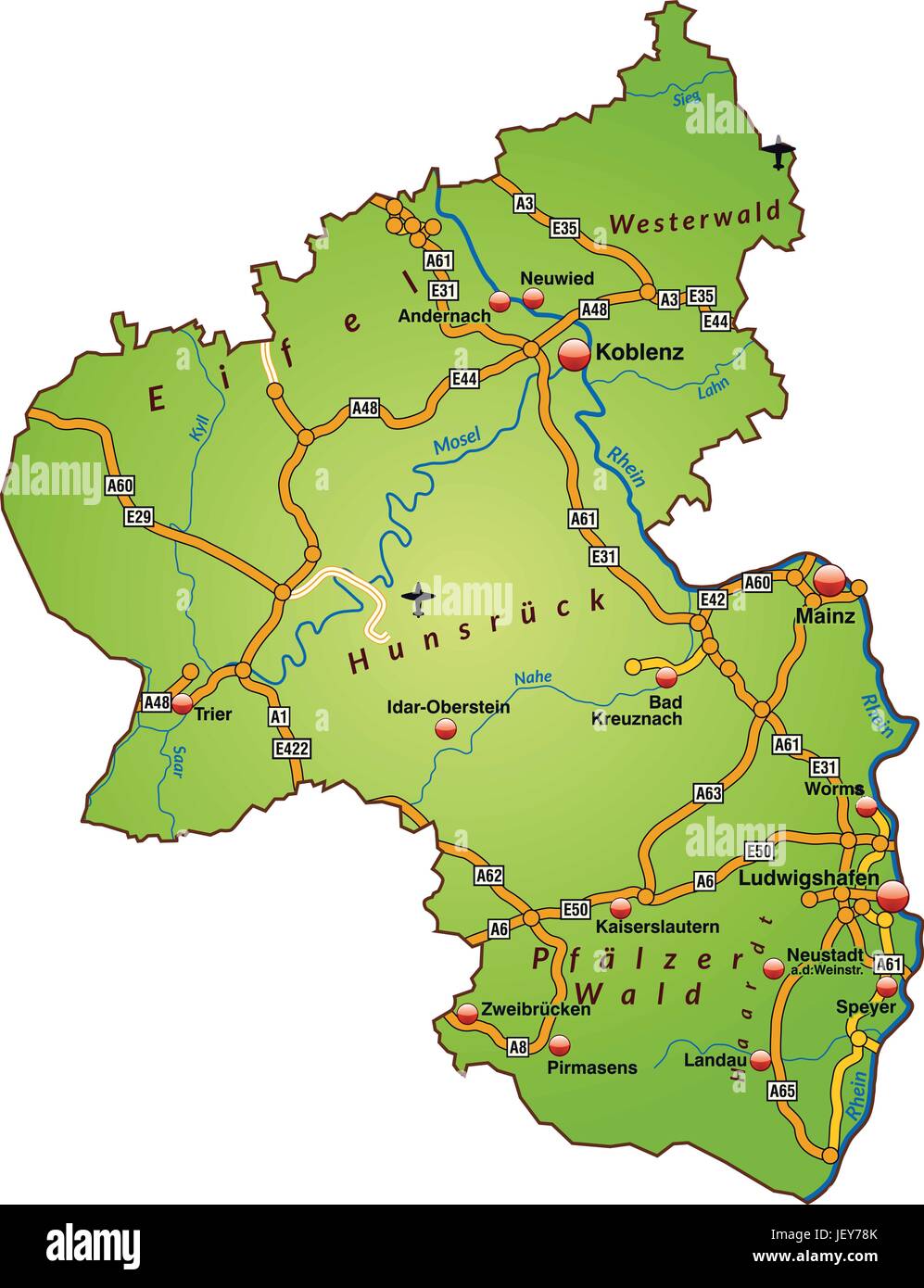map of rhineland-palatinate with transport network in green Stock ...