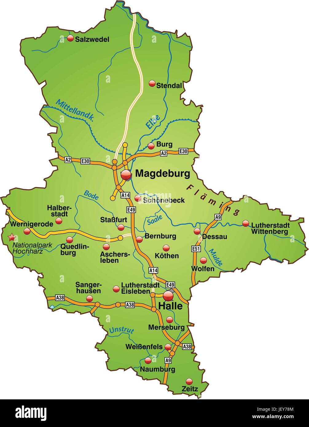 map of saxony-anhalt with transport network in green Stock Vector Image ...