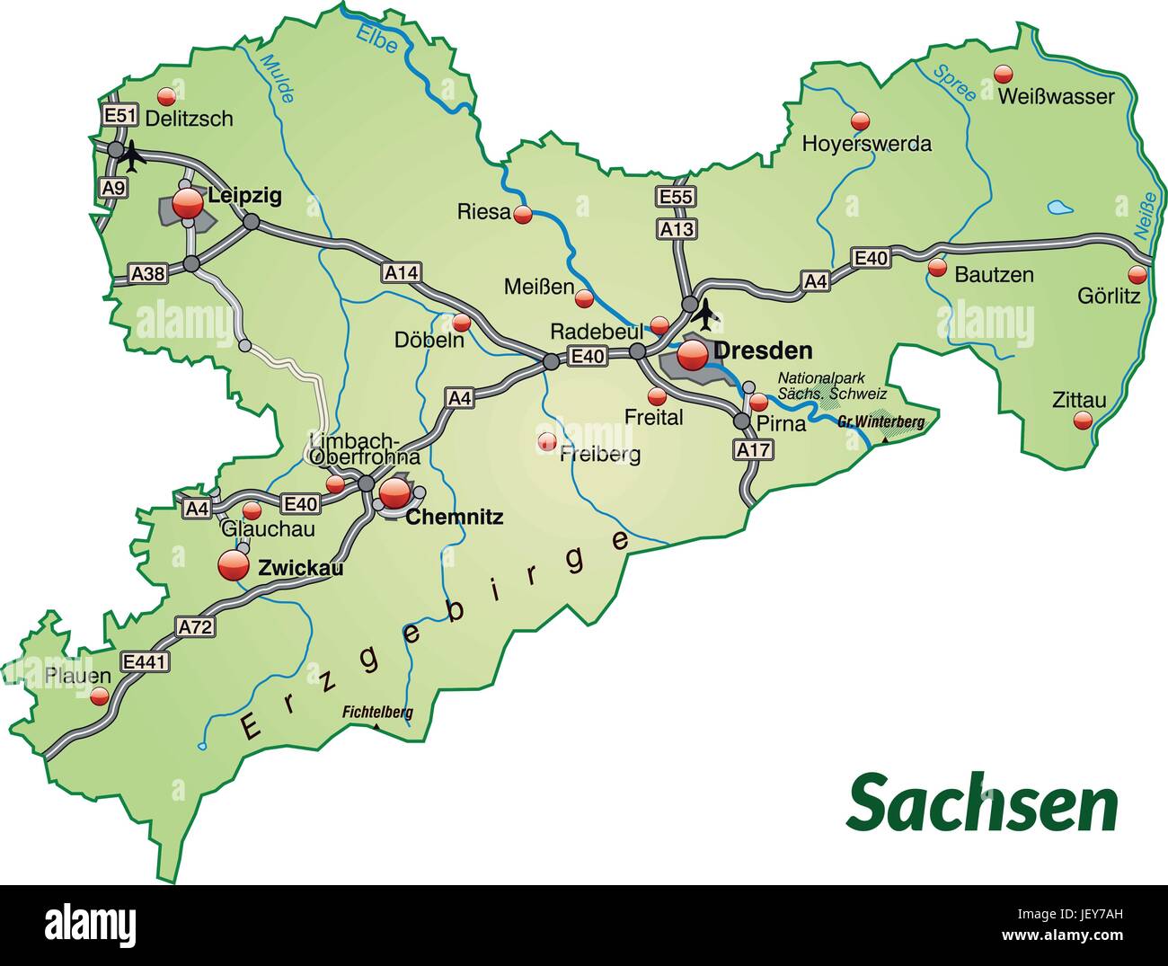island map of saxony with transport network in pastel green Stock ...