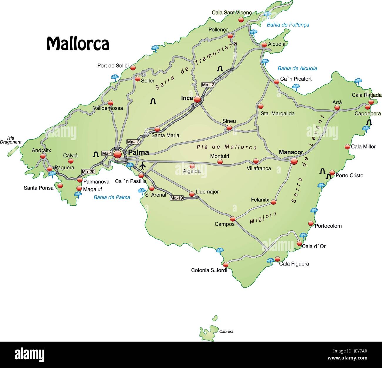 map of mallorca with transport network in pastel green Stock Vector ...