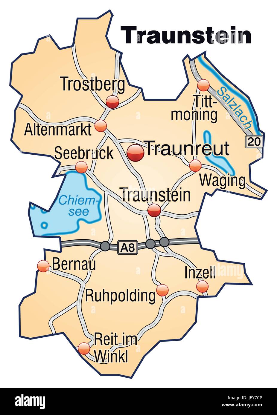 map of traunstein with transport network in pastel orange Stock Vector ...