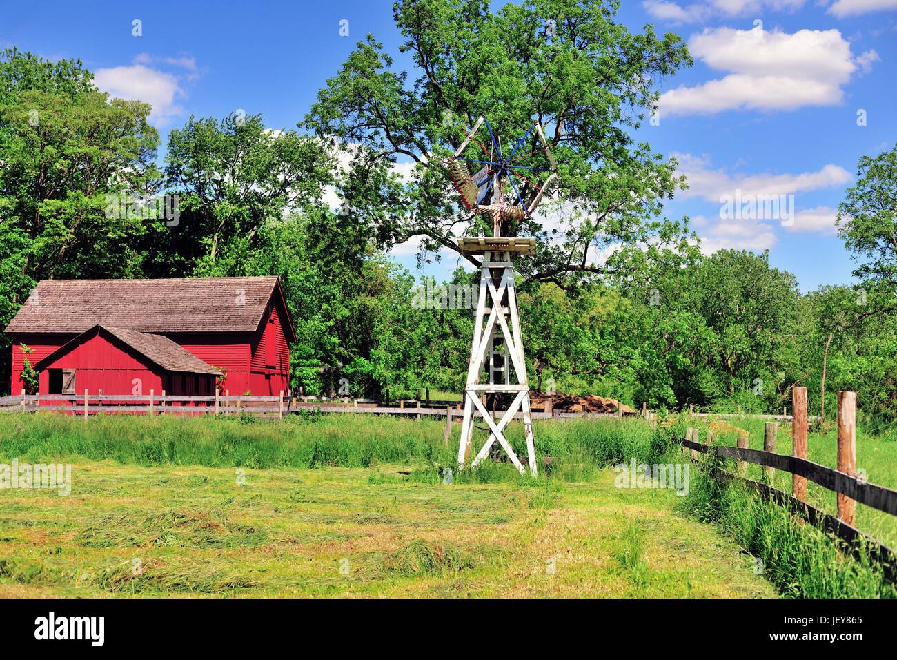Venerable windmill and barn at the Volkening Heritage Farm In ...