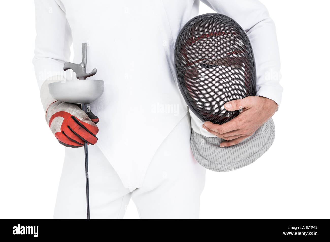 Swordsman holding fencing mask and sword Stock Photo - Alamy