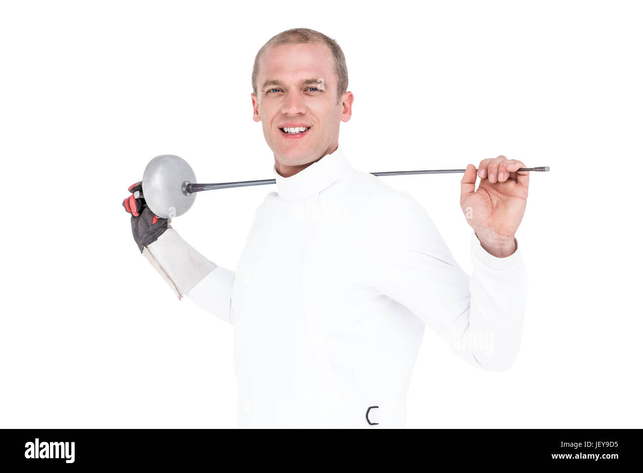 Swordsman holding fencing sword Stock Photo - Alamy
