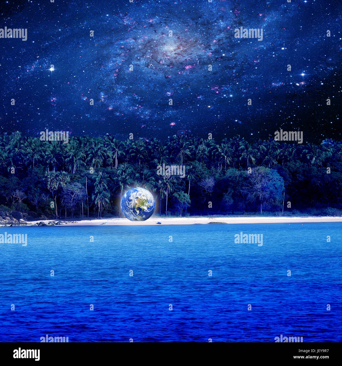 conceptual image of world on island over galaxy sky. NASA world map and ...