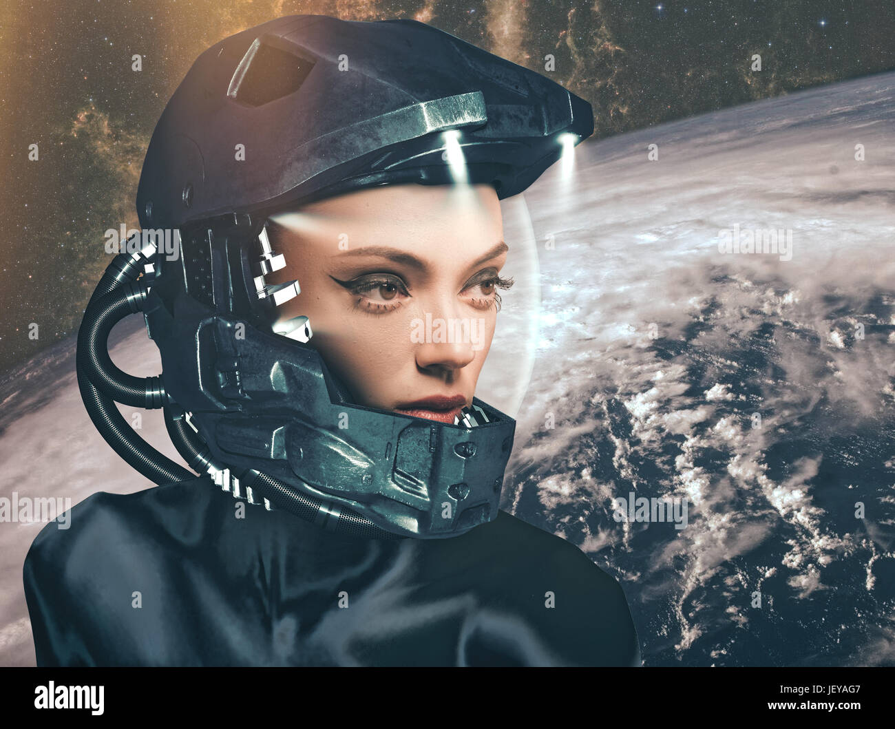 Science fiction, female portrait against fantastic skies Stock Photo ...