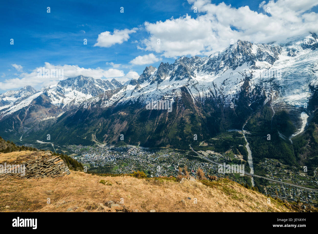 Aerial view of Chamonix from Refuge Belachat and Mont Blanc Stock Photo ...