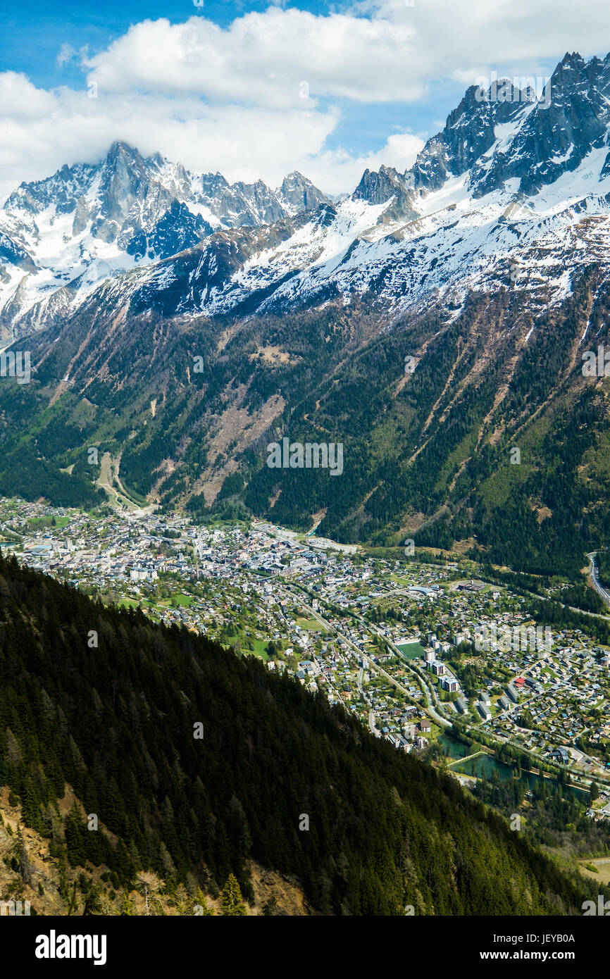 Aerial view of Chamonix from Refuge Belachat and Mont Blanc Stock Photo ...