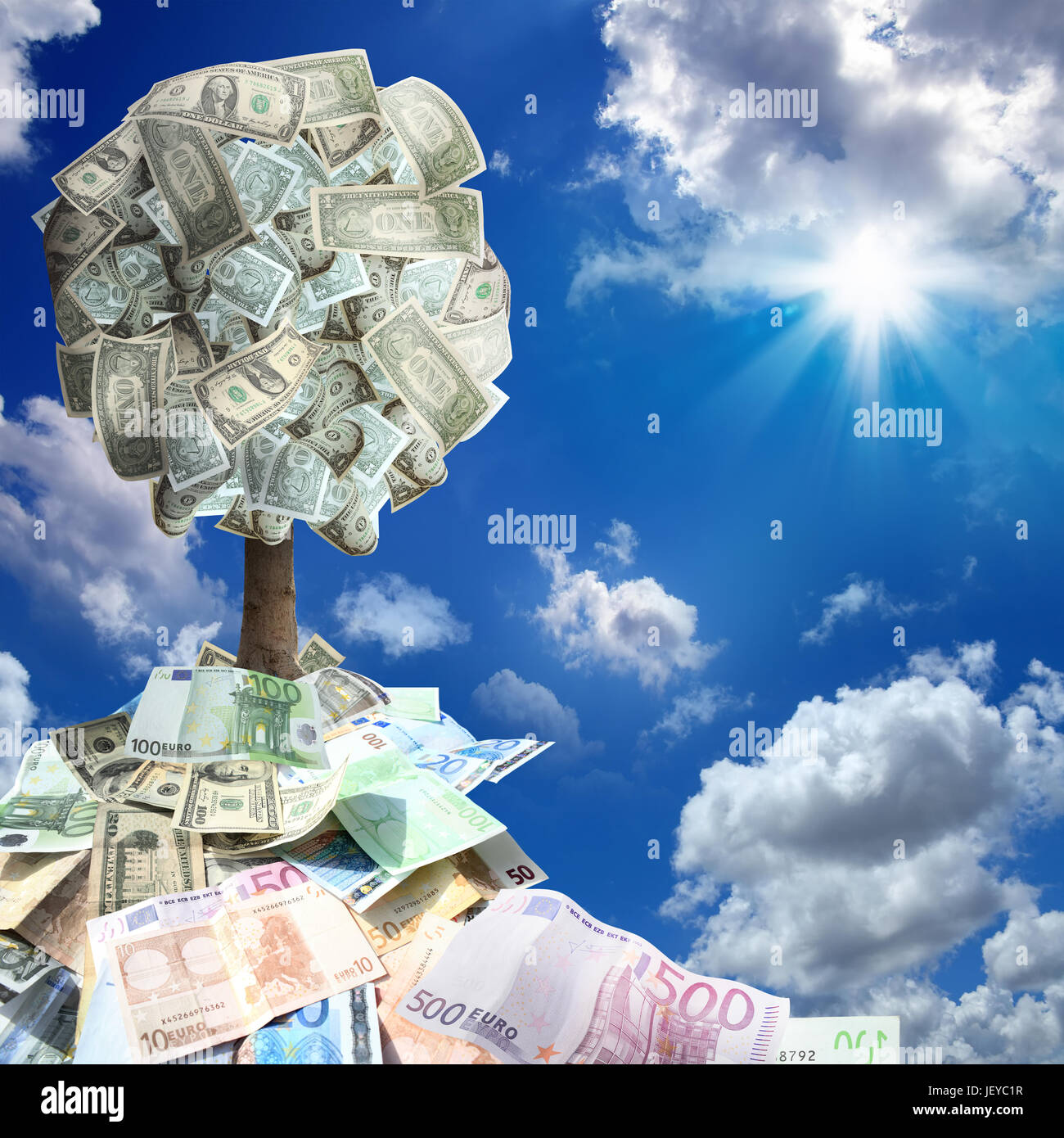 conceptual image of money tree in money pile over sunny sky Stock Photo ...