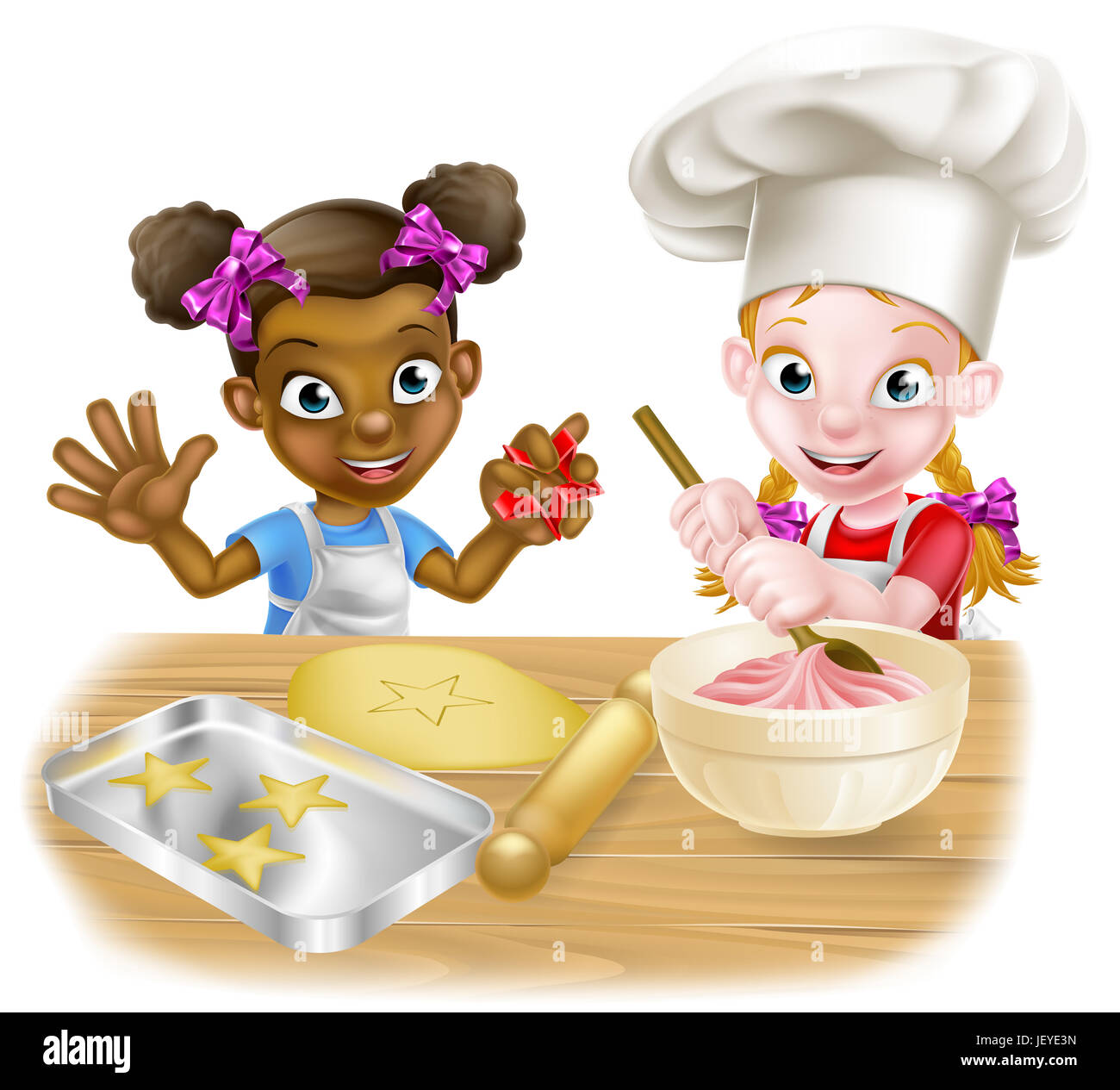 Cartoon girls, one black one white, dressed as chefs or bakers baking ...