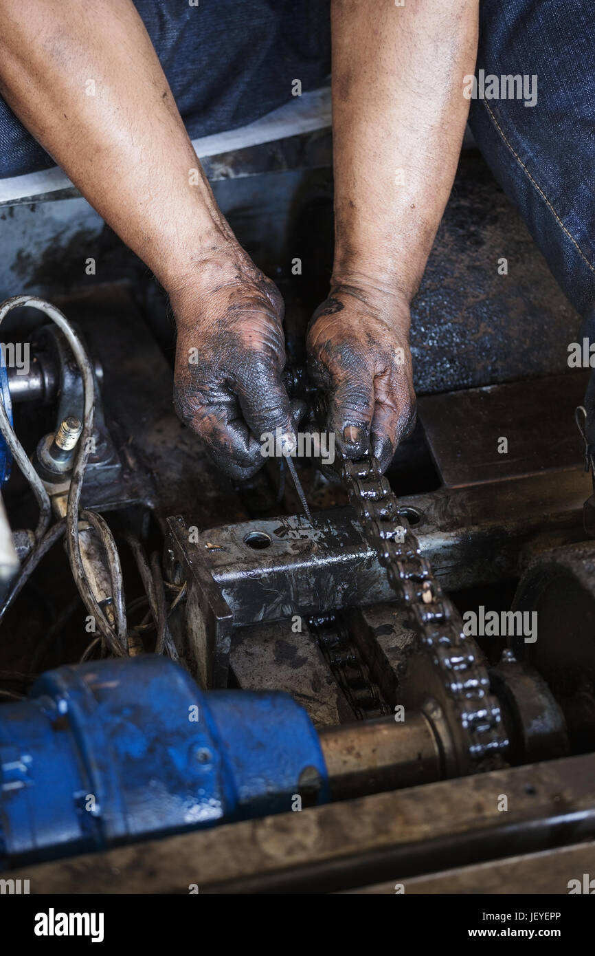 Hand of repairman during maintenance work of chain Stock Photo - Alamy