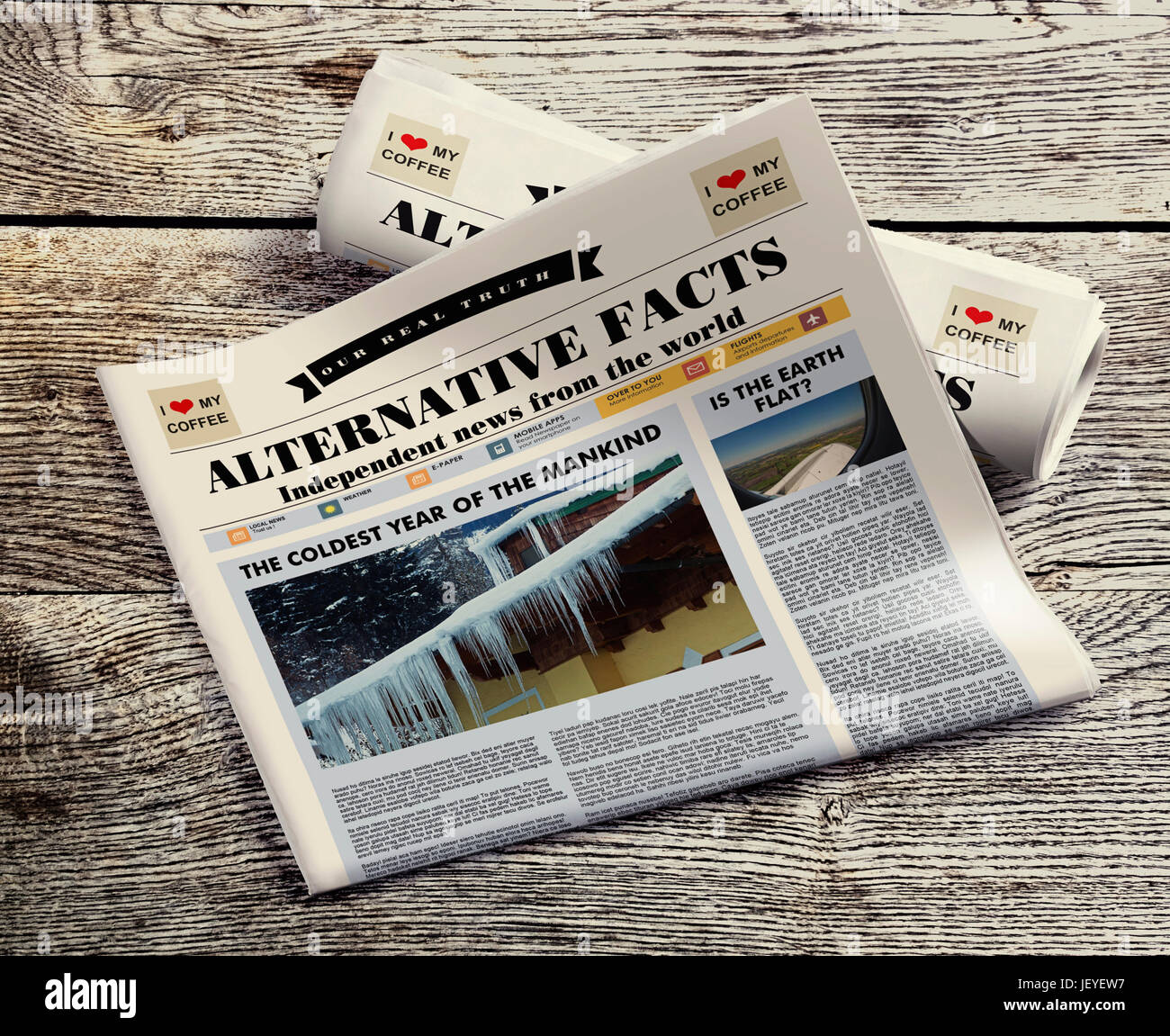 Alternative facts, news from the world, newspaper on grunge background ...