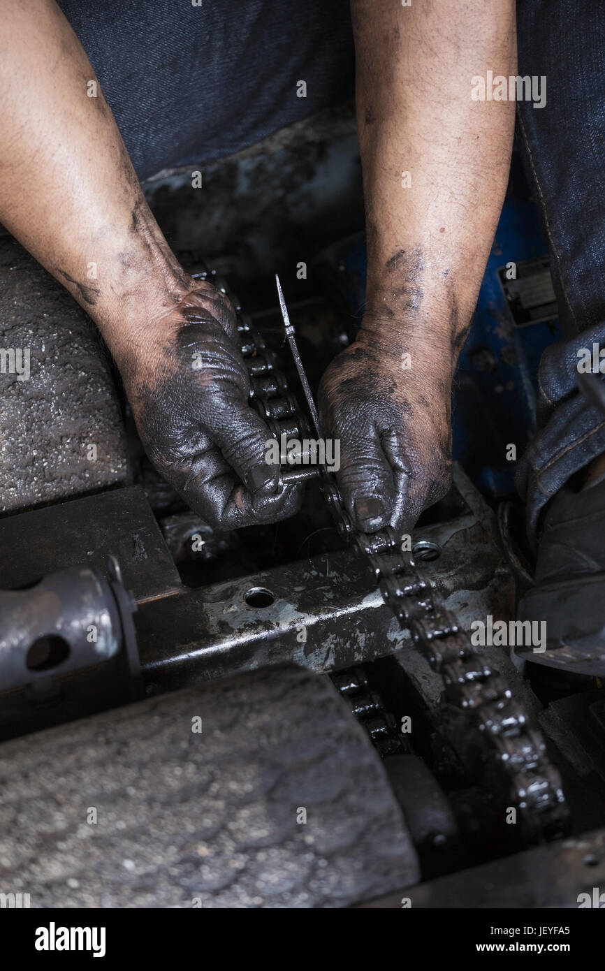 Hand of repairman during maintenance work of chain Stock Photo - Alamy