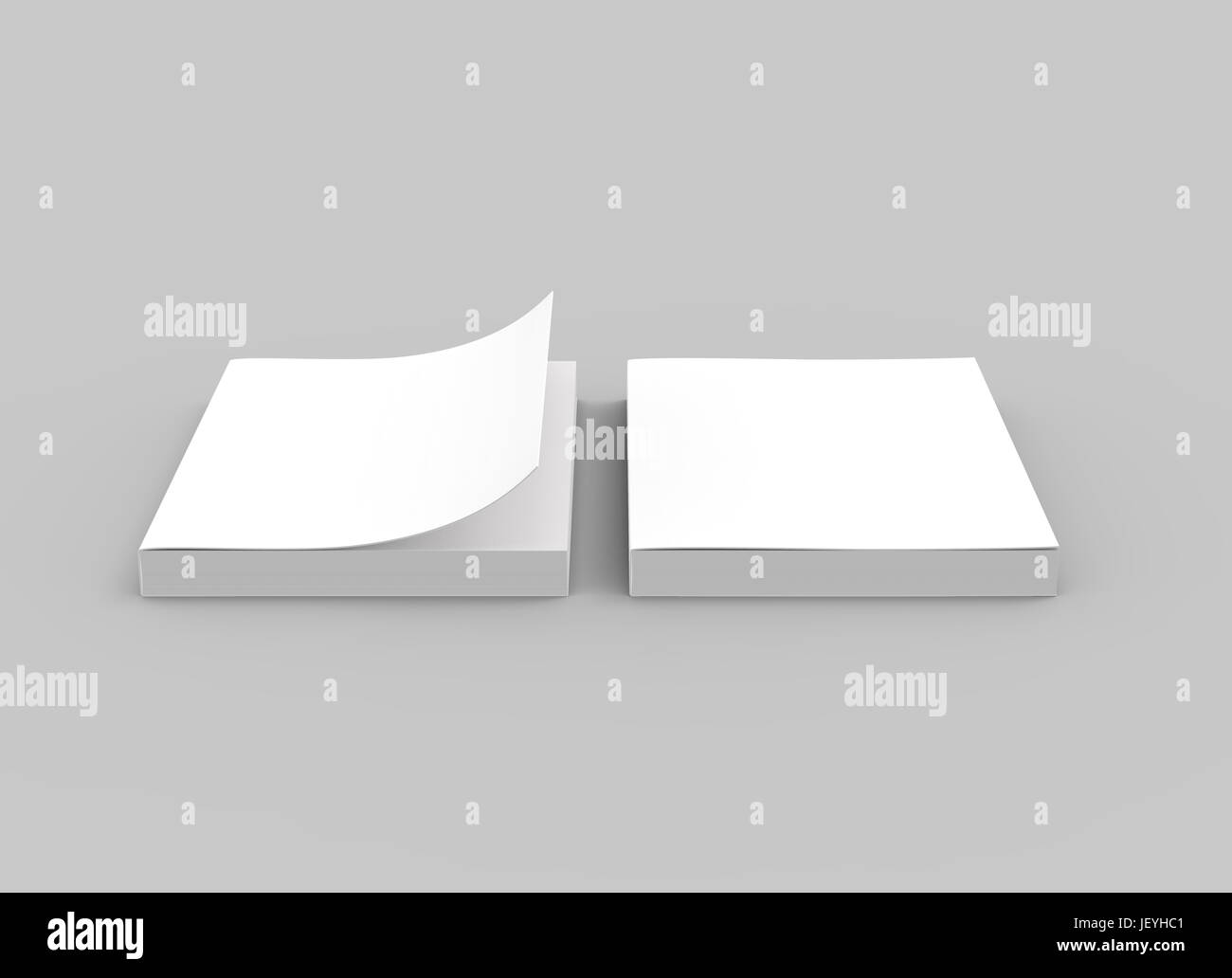 two blank 3d rendering thick books, one page turned, isolated gray ...