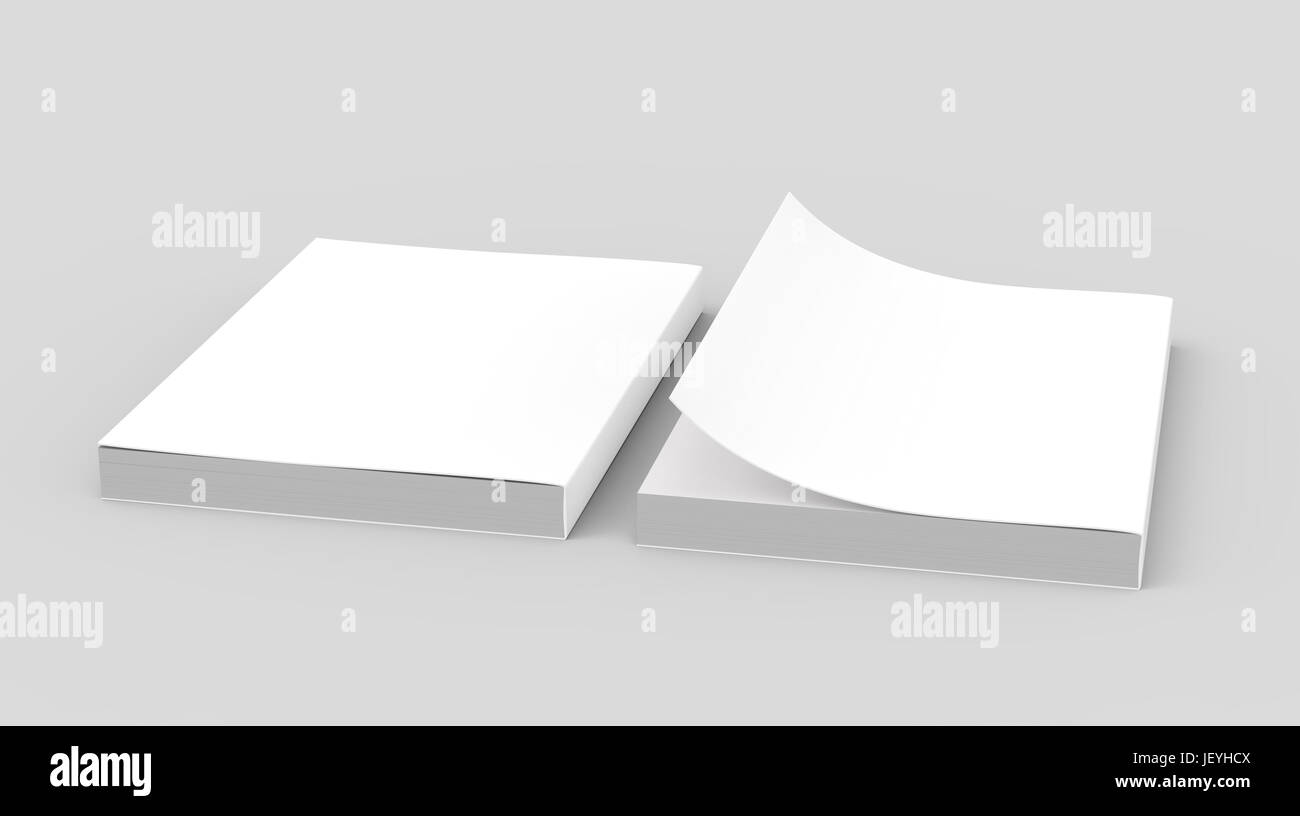 two blank left tilt 3d rendering thick books, one page turned, isolated ...