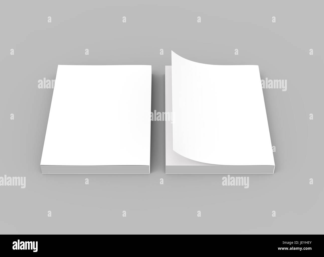two blank 3d rendering thick books, one page turned, isolated gray ...