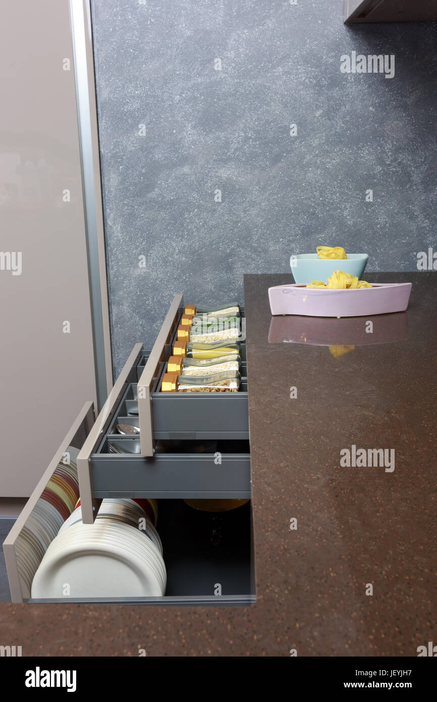 Detailed side view of a kitchen drawers. Diviers onside of the drawer ...