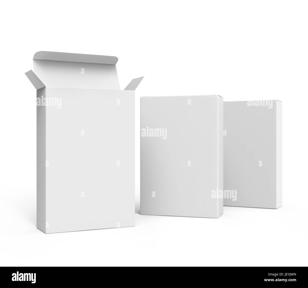 three tilt white paper boxes 3d rendering for design use, one open ...