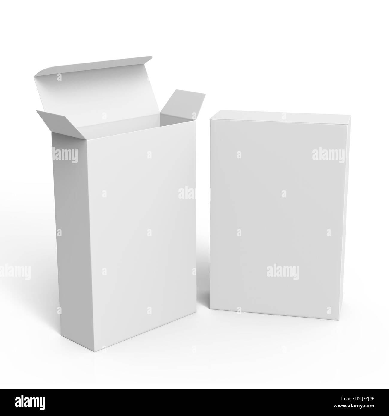 two tilt white tall paper boxes 3d rendering for design use, one open ...